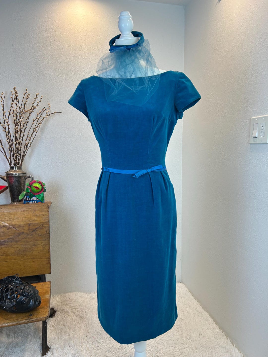 1960s Emma Domb Velvet Dress & Headpiece - Blue Mod Style - Etsy