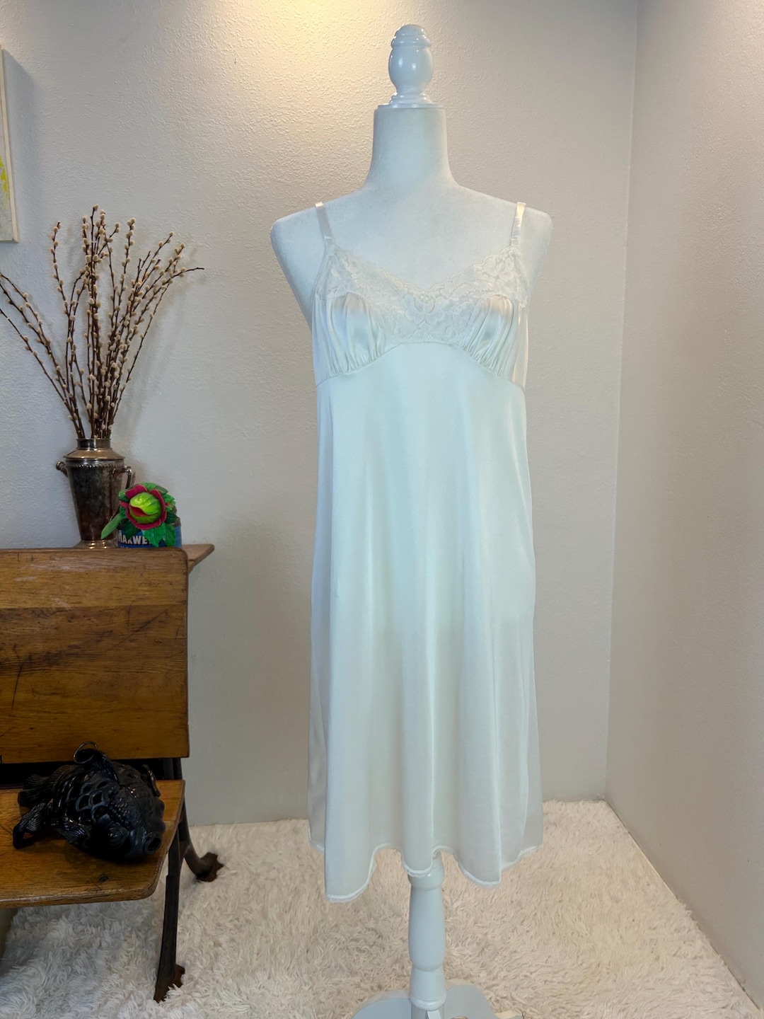 Vintage 80s White Nylon Slip, 1950s Style Lace Bodice, Size 38 - Etsy