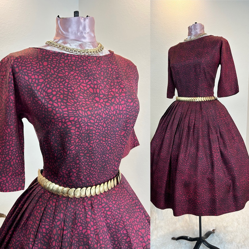 1950s Fit and Flare Dress, Red & Black Print, - Etsy