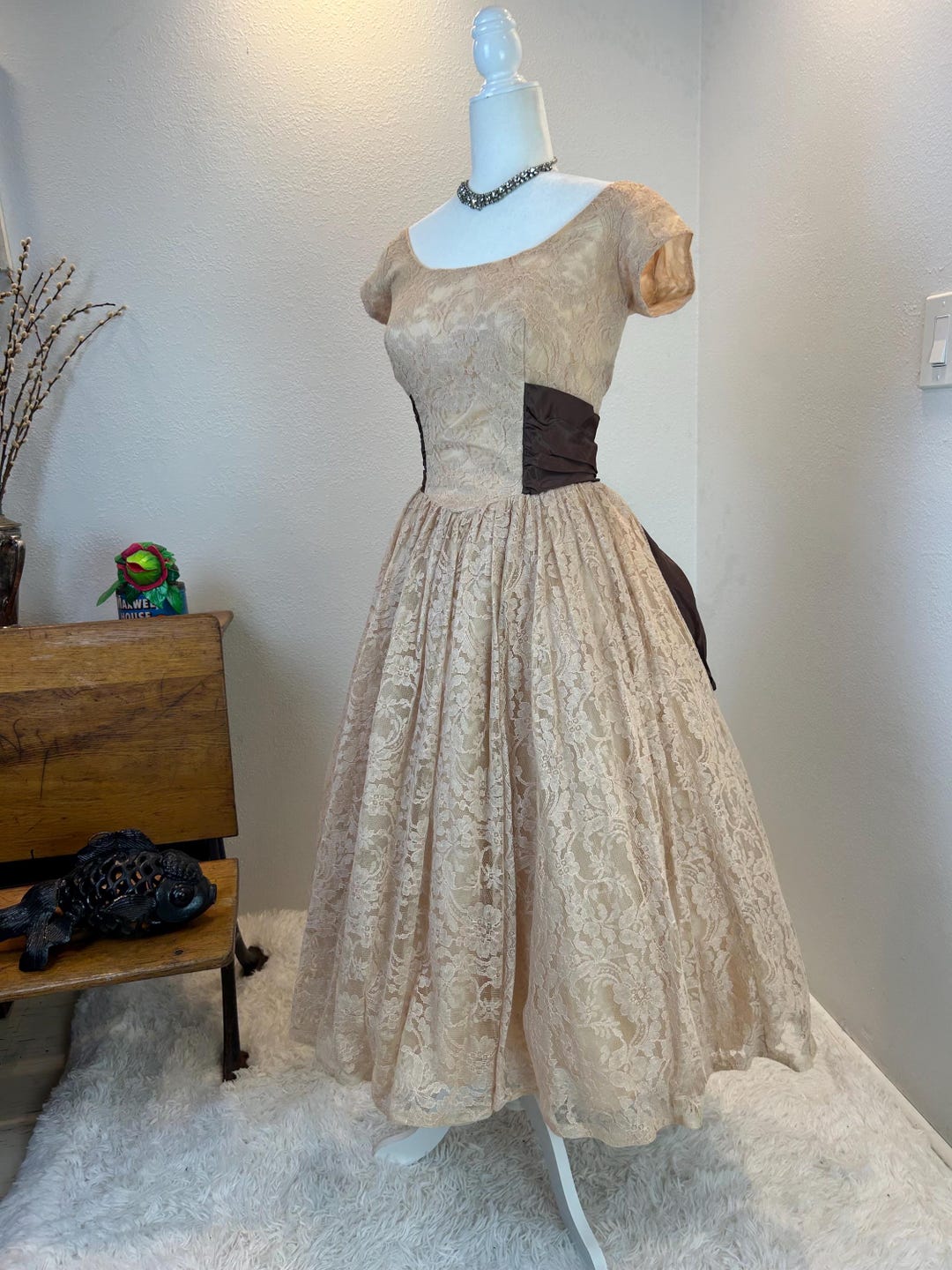 Vintage 1950s Lace Dress - Coffee Taffeta Bubble Bustle, Fit & Flare - Etsy