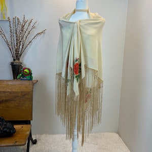 Antique Hand-painted Rose Piano Shawl – Cream Silk, 1920s Fringe - Etsy