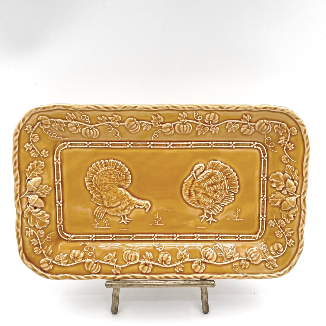 Vintage Bordallo Pinheiro Turkey Platter Majolica Style Yellow Ochre Gold Medium 13" Serving ...