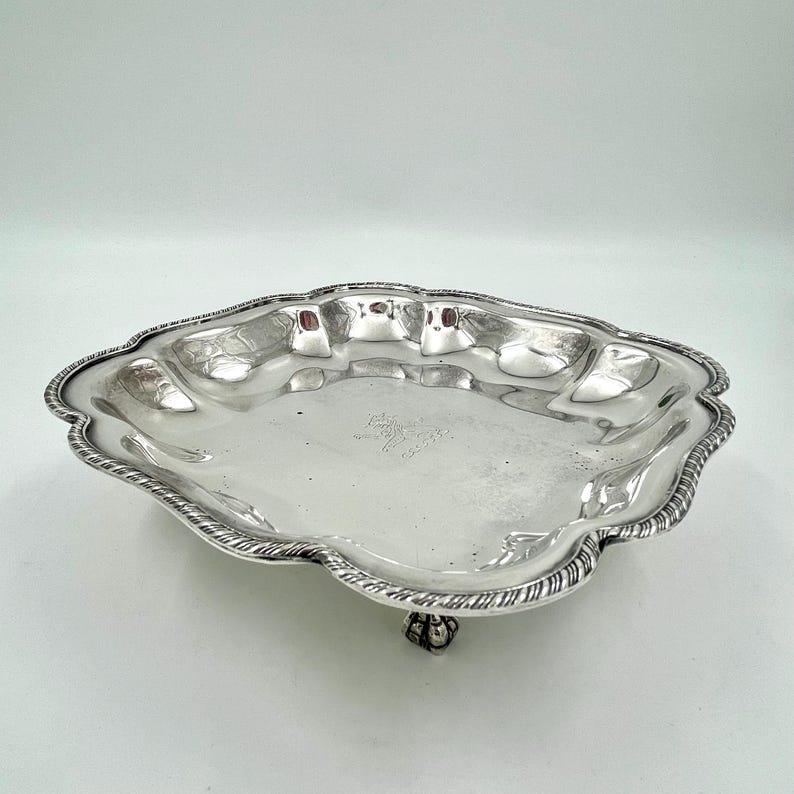 Vintage Engraved Lion Crest Gadrooned Rim Silverplate Tray With Paw ...