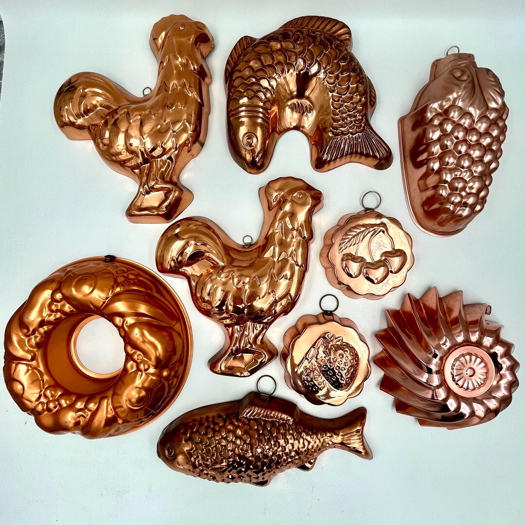 Vintage Copper Molds Scallop Shells, Lobster, Rooster, Chicken, Fish ...