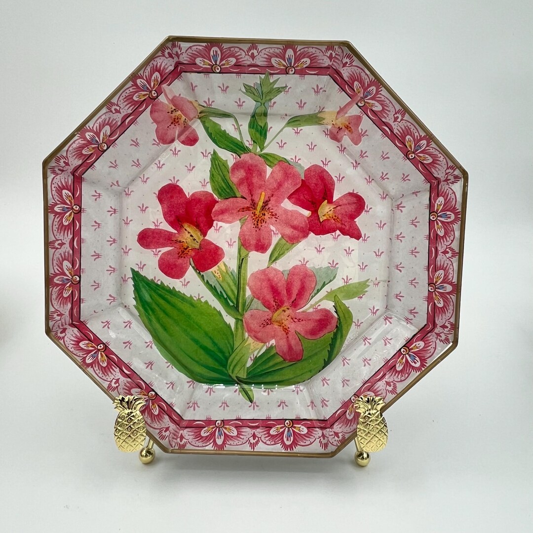 Late 20th Century French Decoupage Pink and Green Floral Block Print ...