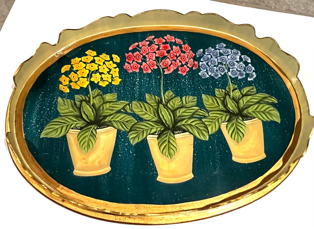 Vintage Hand Painted Potted Geraniums Topiary Scalloped Wood Serving ...