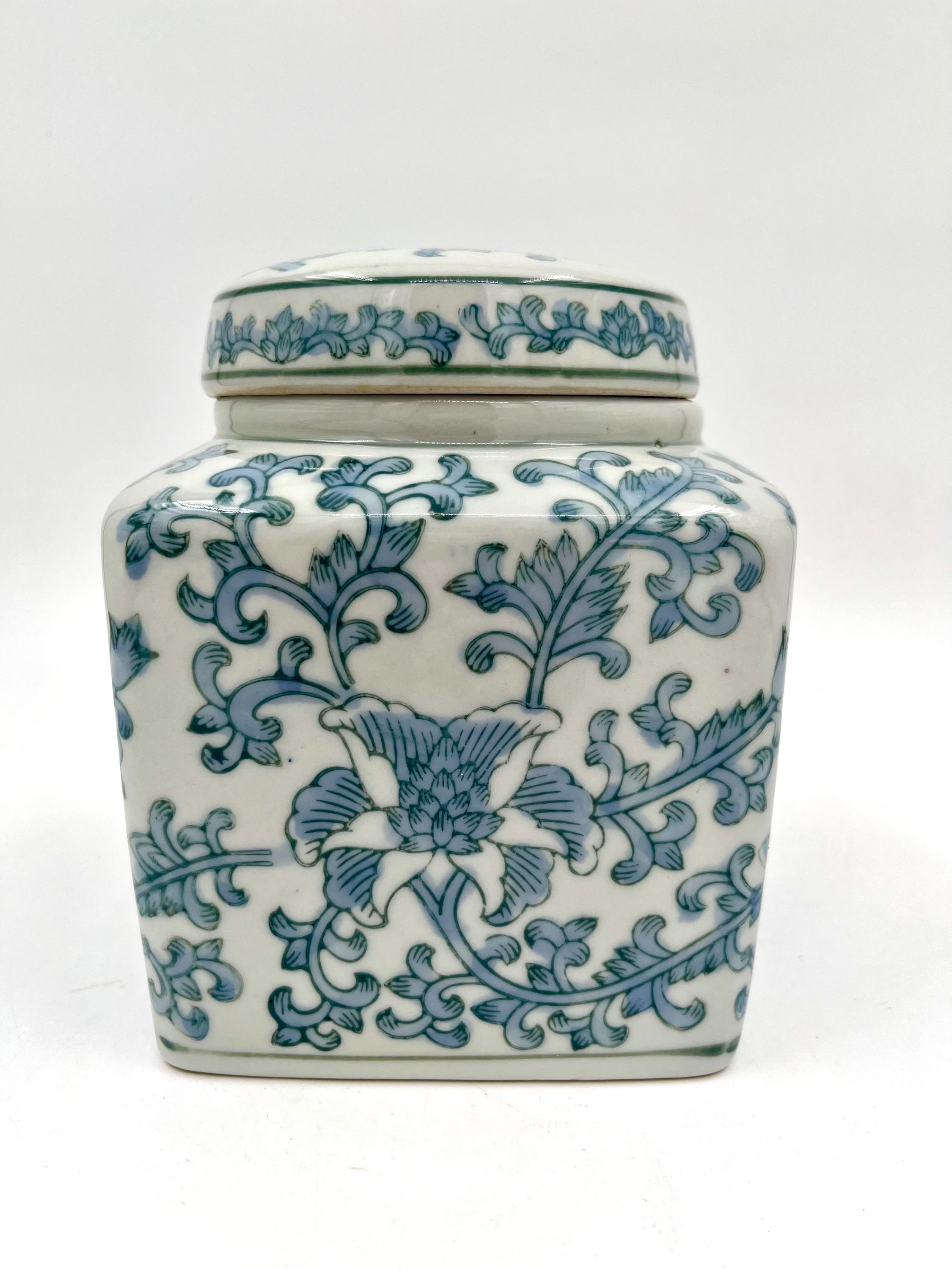 Vintage Chinoiserie Ceramic Square Ginger Jar With Lid in Blue and ...