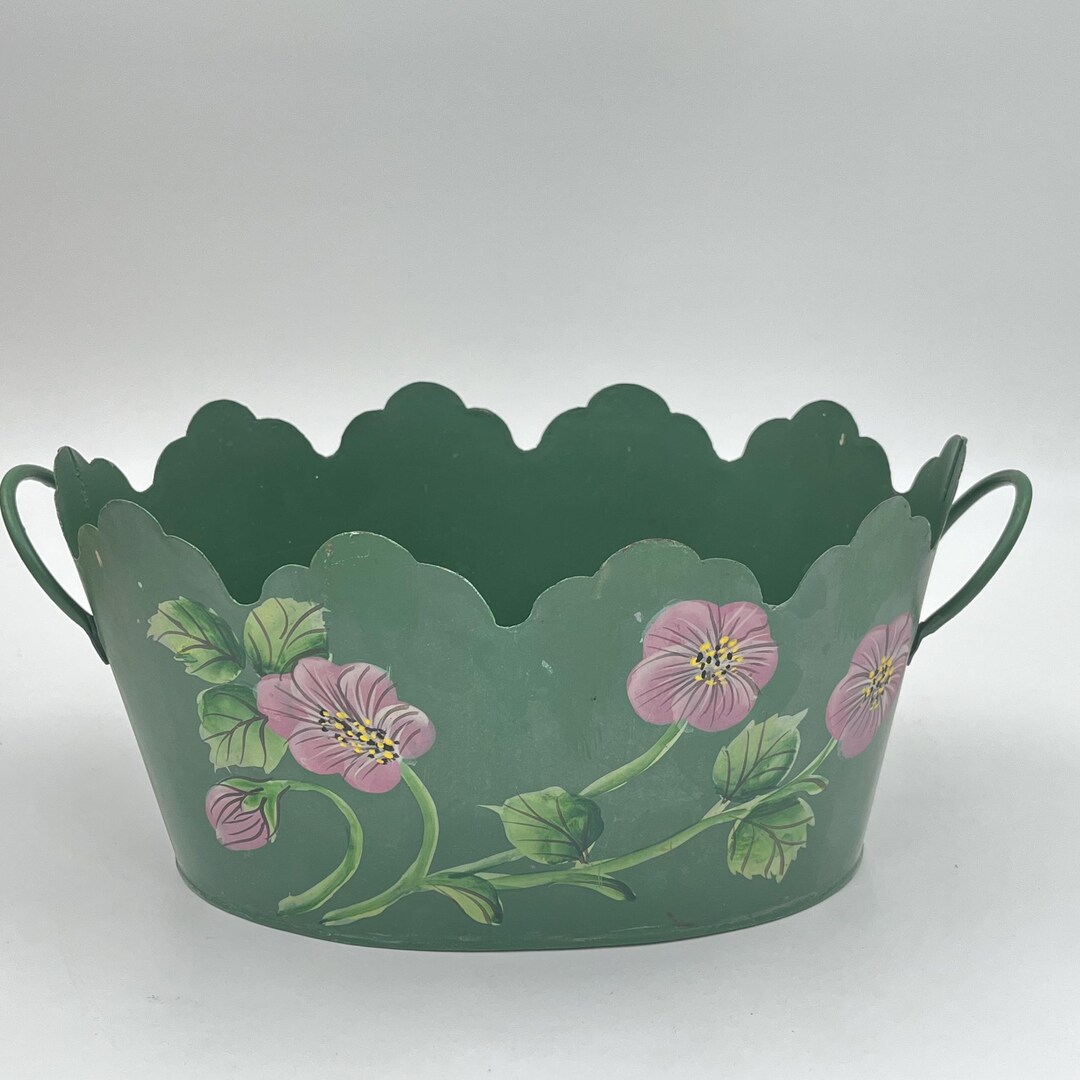 Vintage Scalloped Floral Metal Tole Cachepot Green With Purple ...