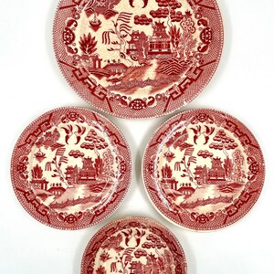 1930s Vintage Pink Red Willow Plate Set Instant Plate Wall Collection ...