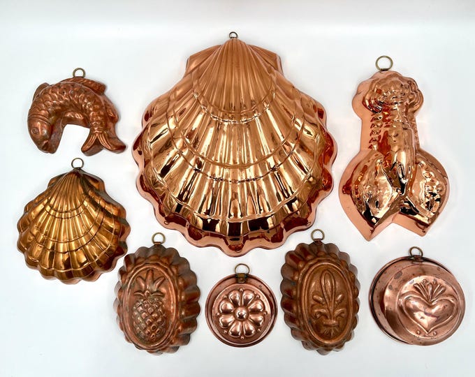 Vintage Copper Molds Scallop Shells, Lobster, Fish, Pineapple, Heart ...