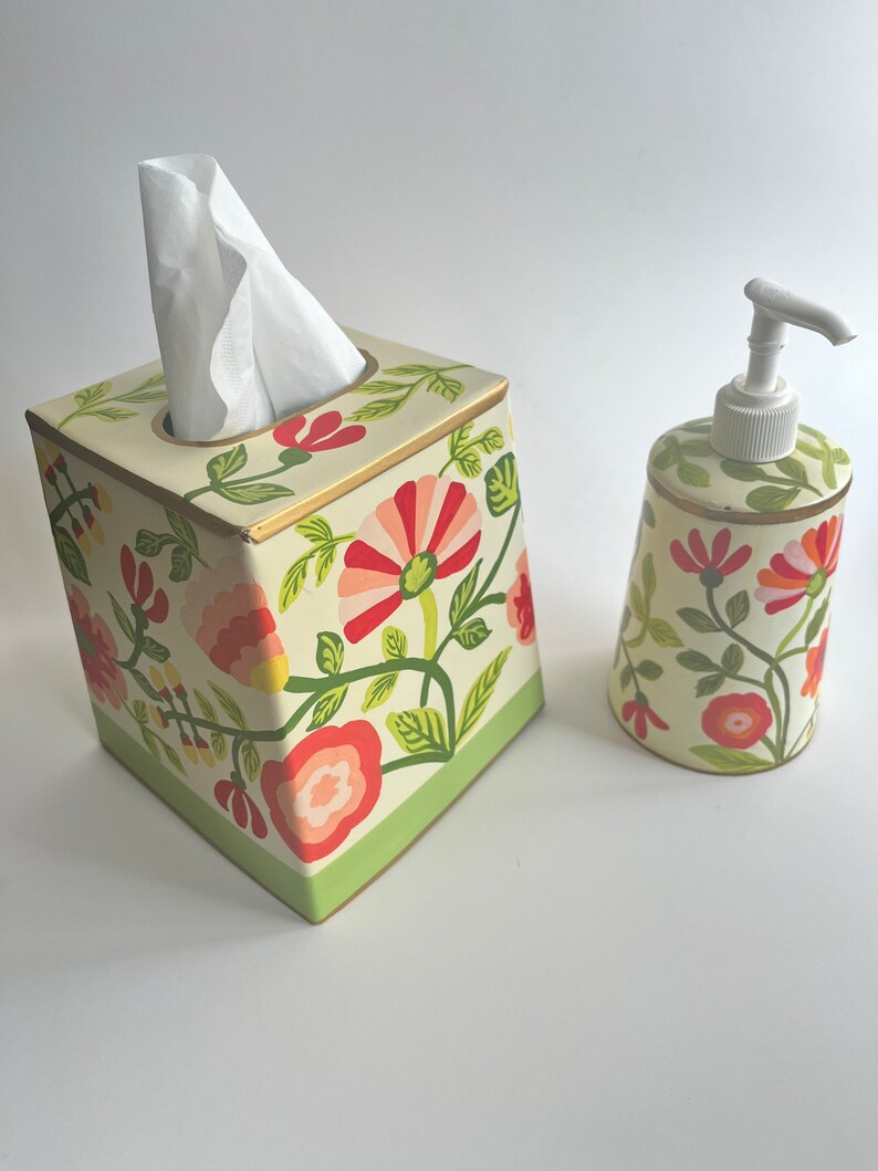 Set of Pink, Green and Red Floral Tole Tissue Box Cover & Hand Soap ...