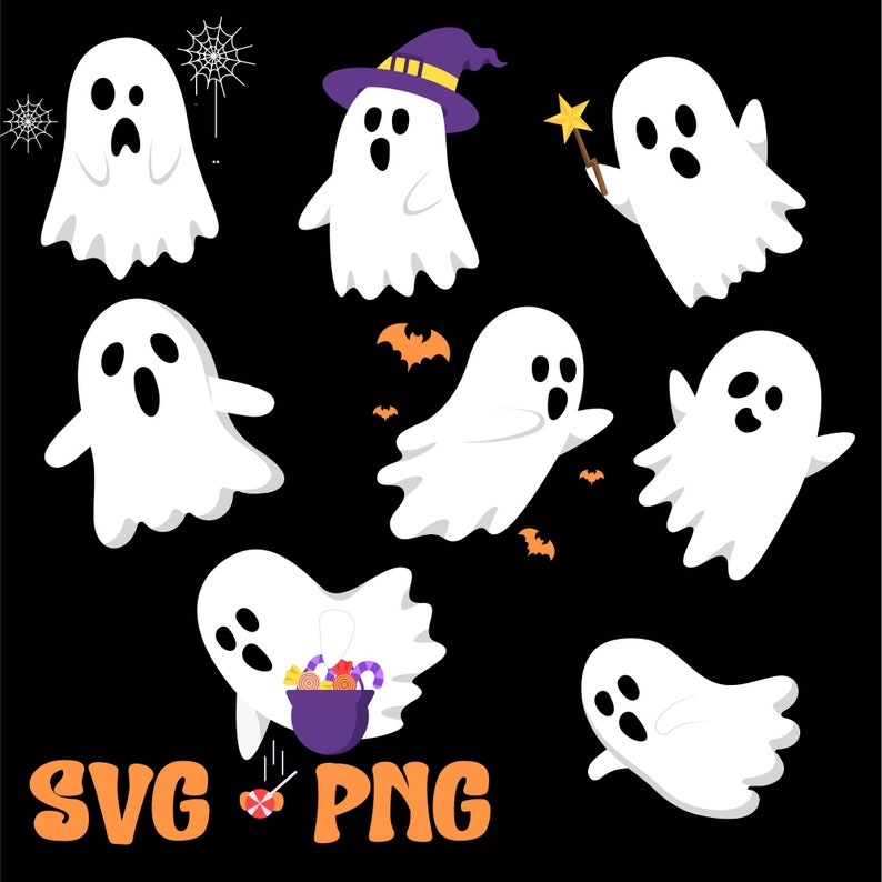 Cute ghosties png Cute Ghost PNG SVG Black Glitter Halloween PDF party ...