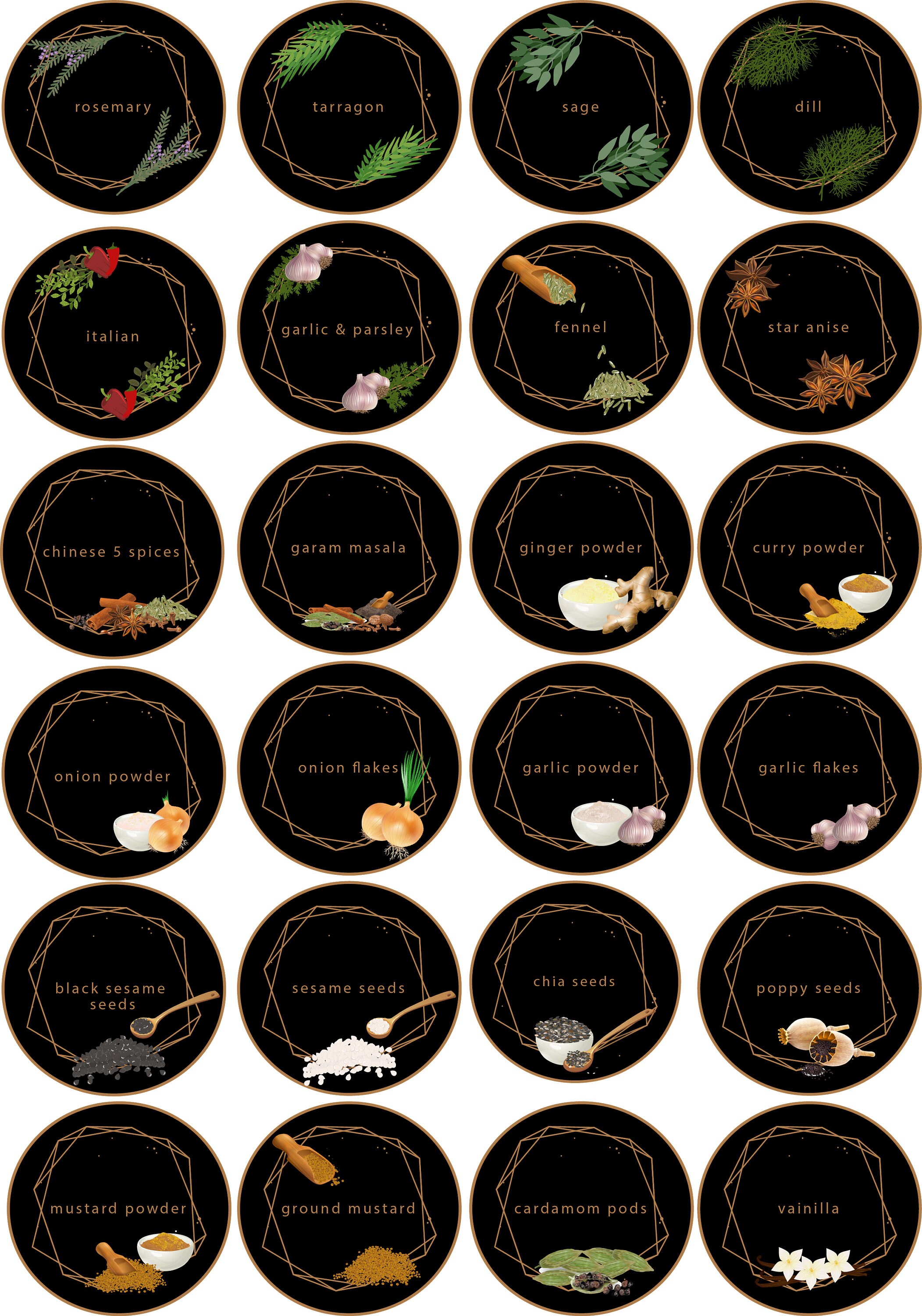Spices Label PDF+ SVG+JPG 48 List English & Spanish 2 A4 Sheet Digital ...