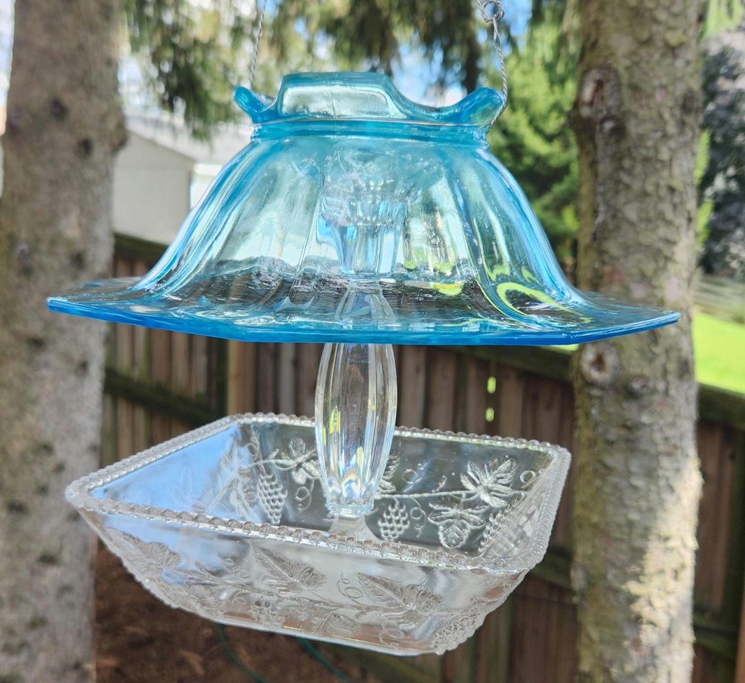 Vintage Glass Bird Feeder Depression Glass Bird Feeder, Etched Bird ...