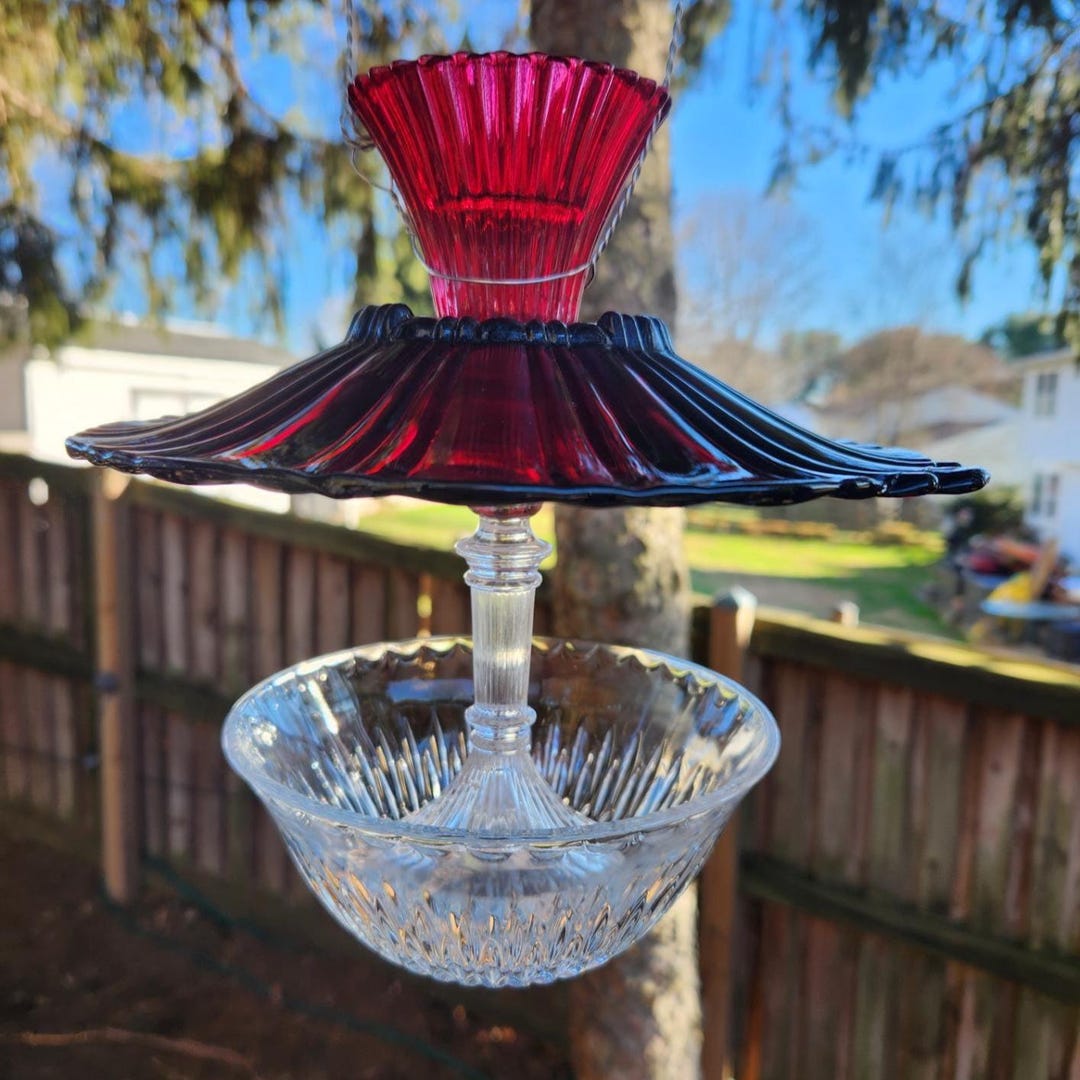Vintage Glass Bird Feeder, Depression Glass Bird Feeder. Royal Ruby ...