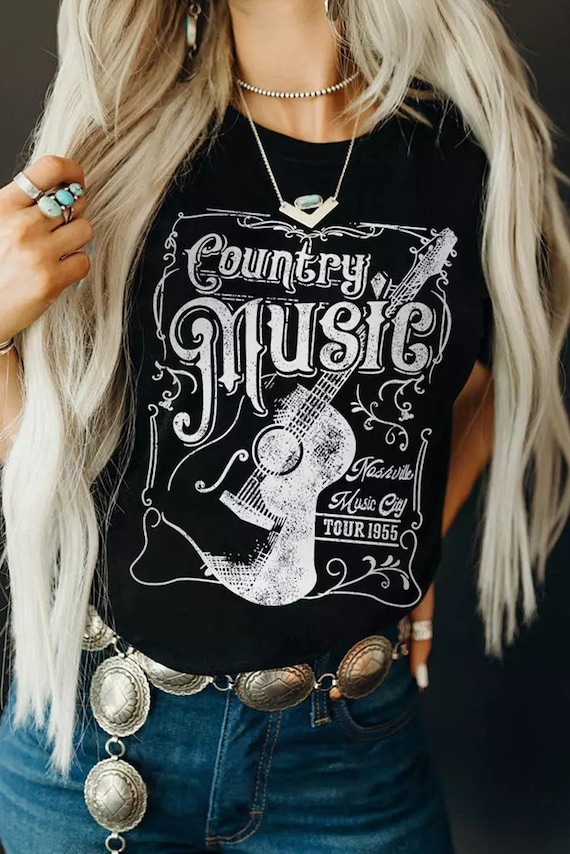Black Country Music Guitar Print Short Sleeve Graphic Tee - Etsy