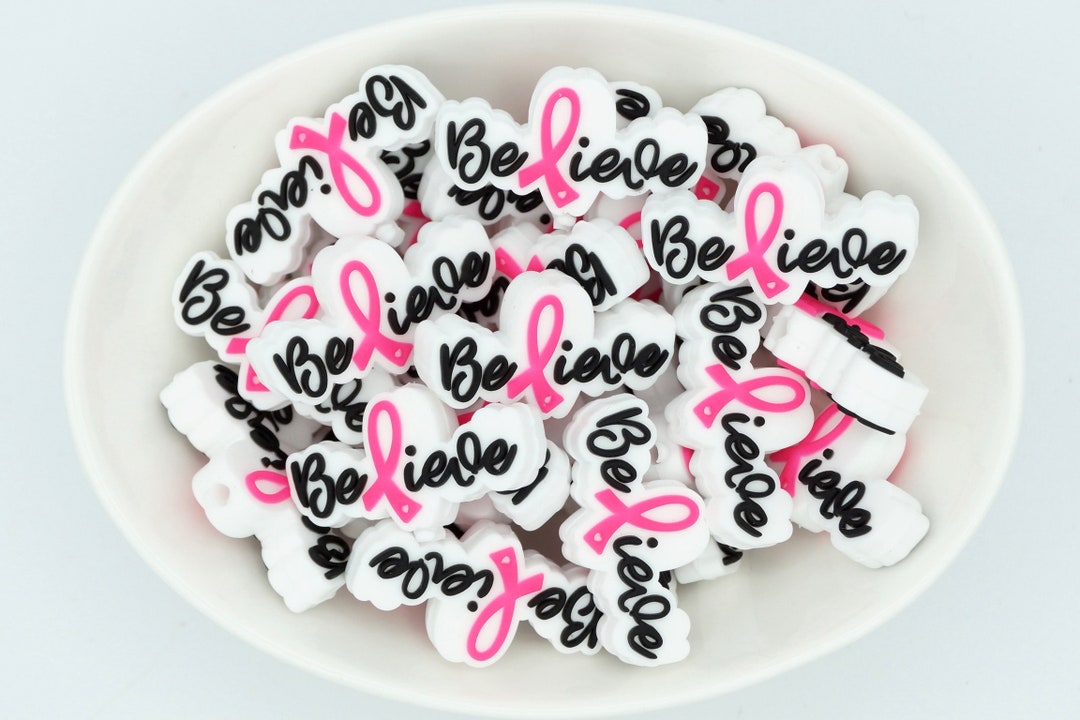 Believe *2 & 5 Bead Packs* | Silicone Focal Bead | Pink Ribbon Bead ...