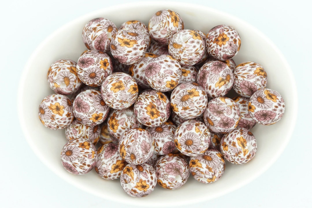 Golden Floral *5 Bead Pack* | Silicone Print Bead | 15 Mm | DIY Craft ...