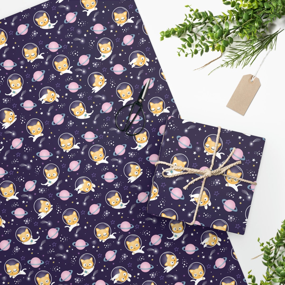 Kitty Cat Astronaut Purple Wrapping Paper Neko in Space Gift Wrap Space ...