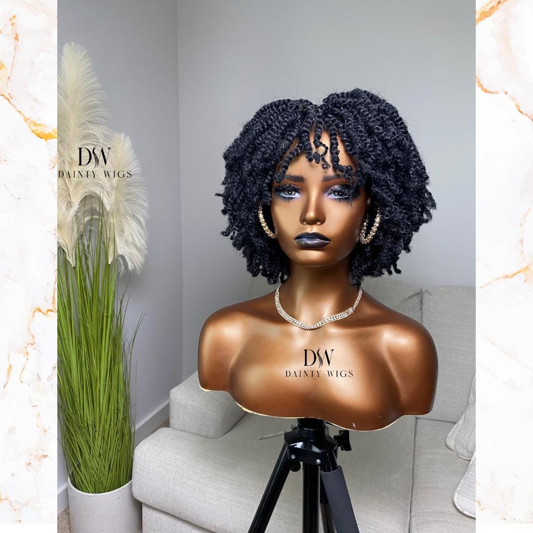 Ready to Ship Glueless Fringe Short Afro Kinky Twists Braided Wig for ...