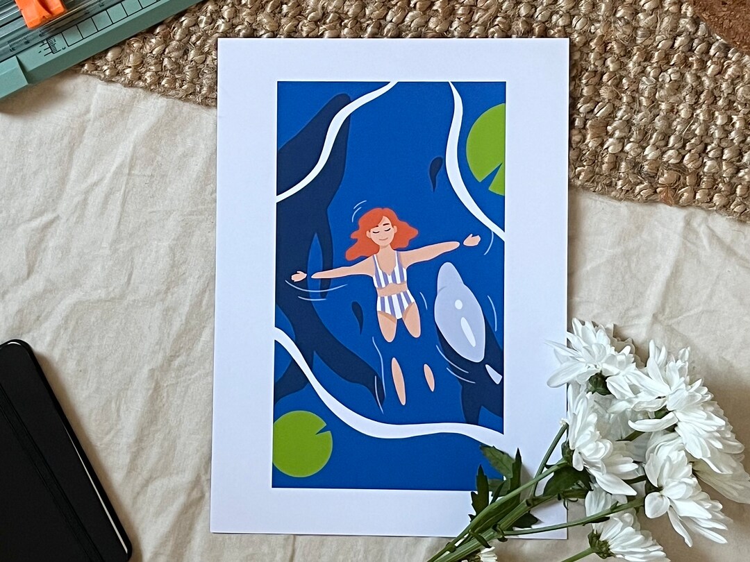 Floating, A4 Art Print - Girl Swimming With Dolphins, Whales, Water ...