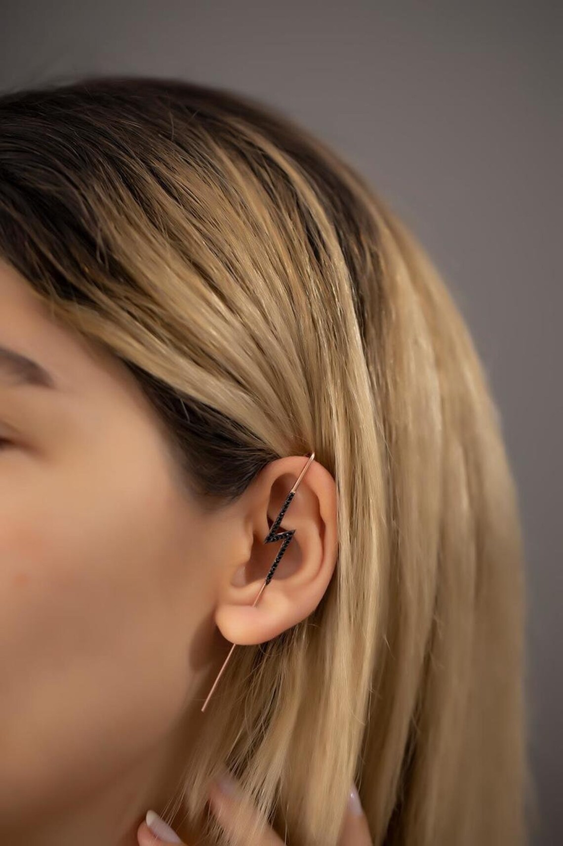 Black CZ Lightning Ear Pin Earring Minimal Rose Gold Earring | Etsy