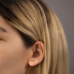 Black CZ Lightning Ear Pin Earring, Minimal Rose Gold Earring, Edgy Pin ...