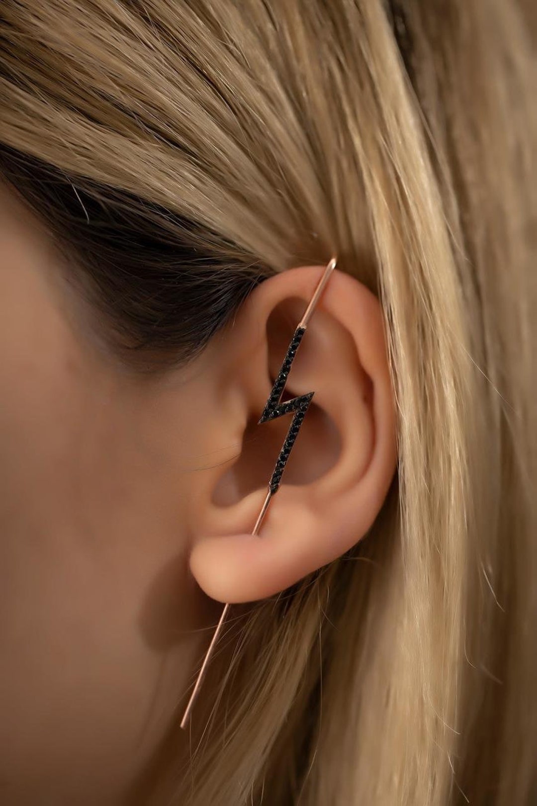 Black CZ Lightning Ear Pin Earring, Minimal Rose Gold Earring, Edgy Pin ...