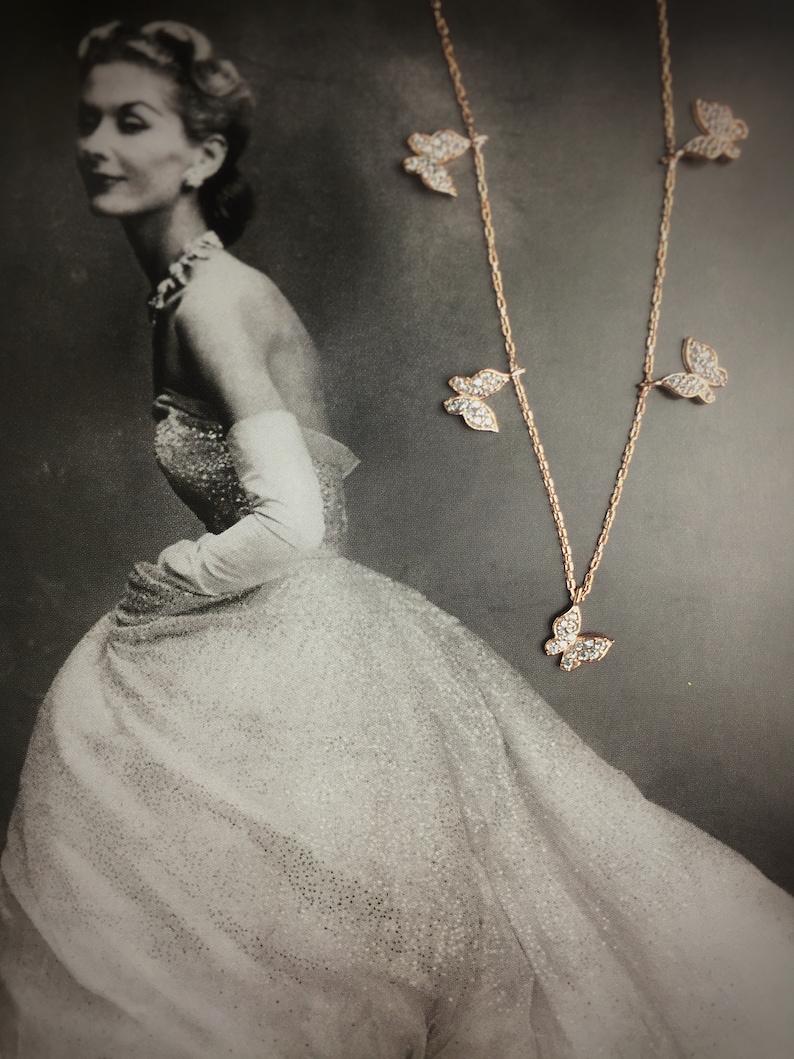 Dainty Butterfly Pendant Necklace White Zircon Gold Plated | Etsy