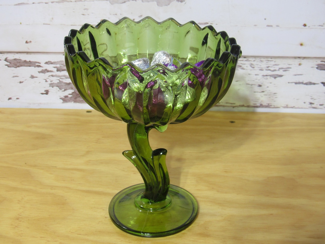 Retro Green Flower Shape Glass Bowl W Stem Base - Mid Century Art Deco ...