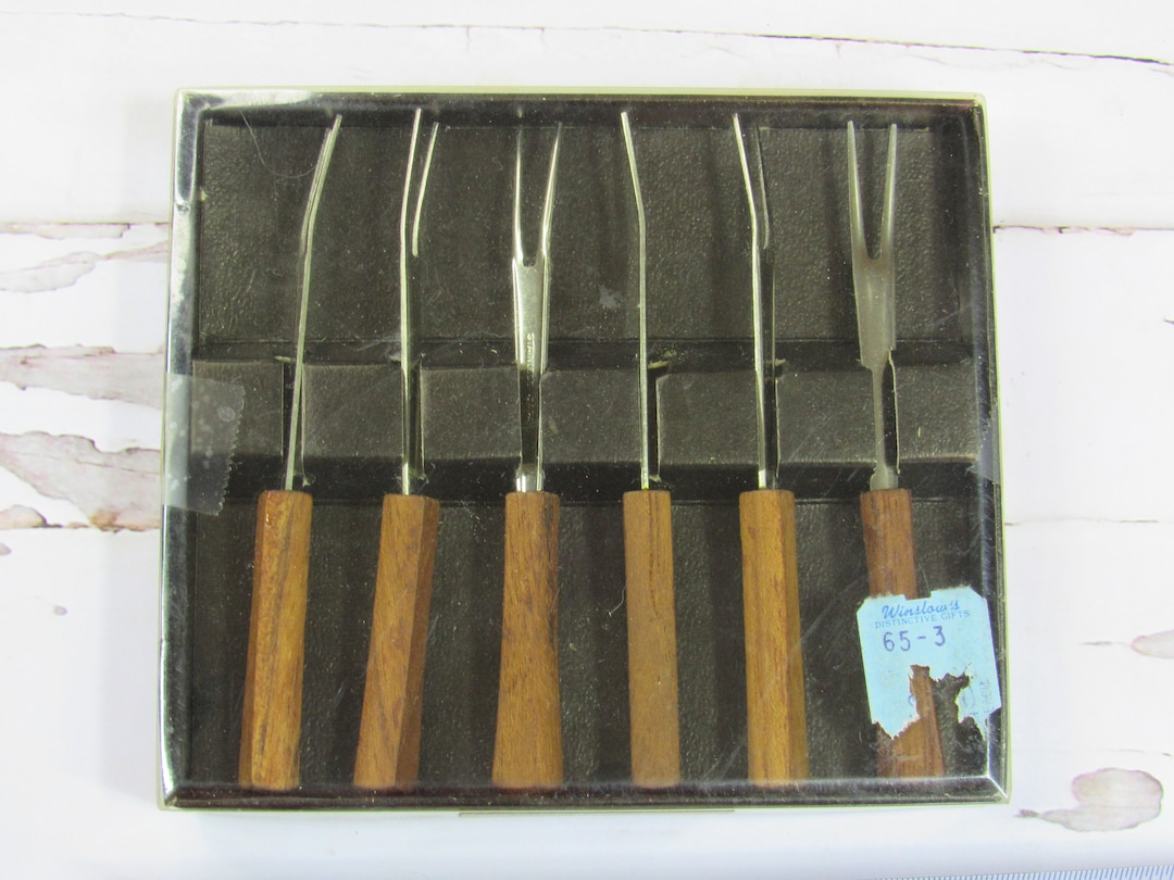Set of 6 Cocktail Forks - 4" Relish Fork Set - Stainless Steel W Wood ...