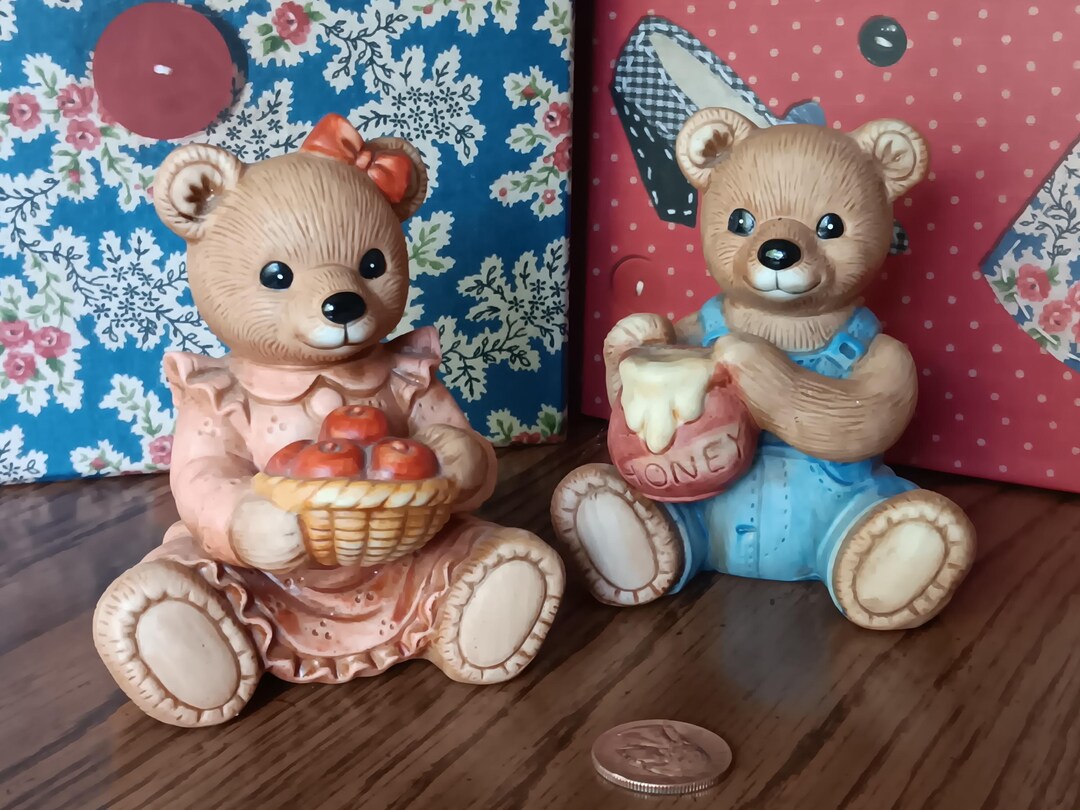 4" Homco Bear Figurines Boy Cub in Overalls W Jar of Honey & Girl W Bow ...