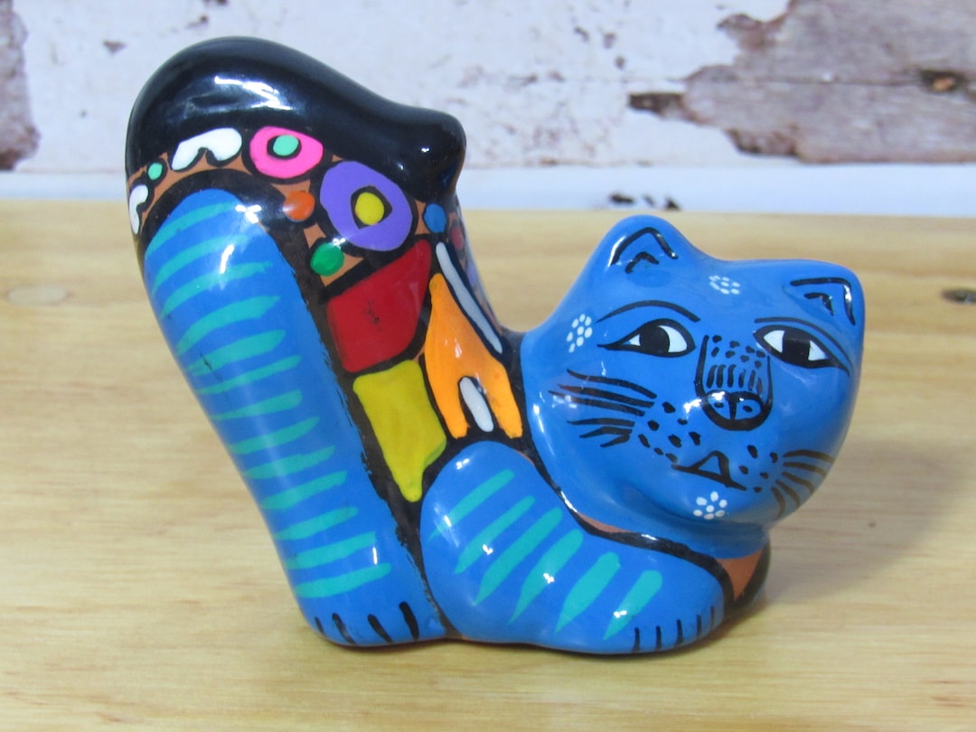 Patchwork Cat Folk Art Figurine - Hand Painted Red Clay Kitty Kitten ...