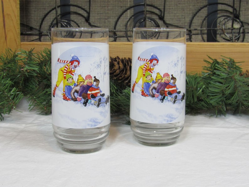Ronald Mcdonald Sledding W Kids in Winter Scene Vintage Drinking Glass ...