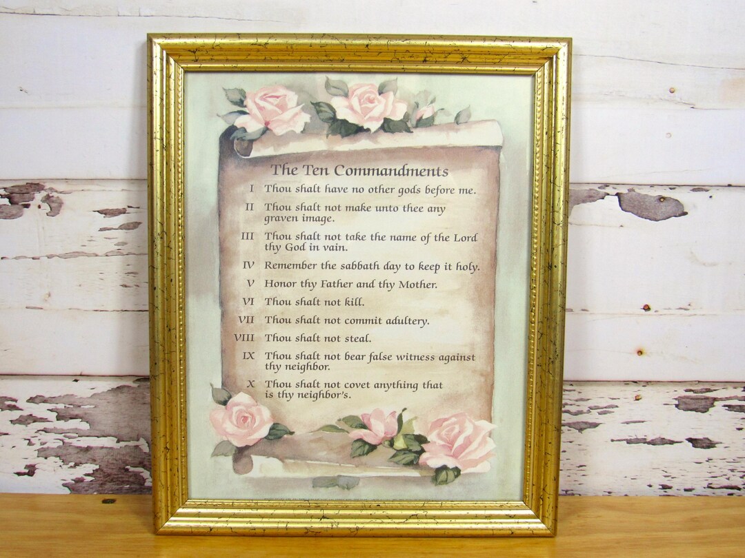 Ten Commandments Framed Vintage Wall Hanging - 11"x9" Parchment Scroll ...