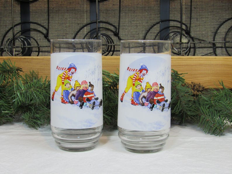 Ronald Mcdonald Sledding W Kids in Winter Scene Vintage Drinking Glass ...