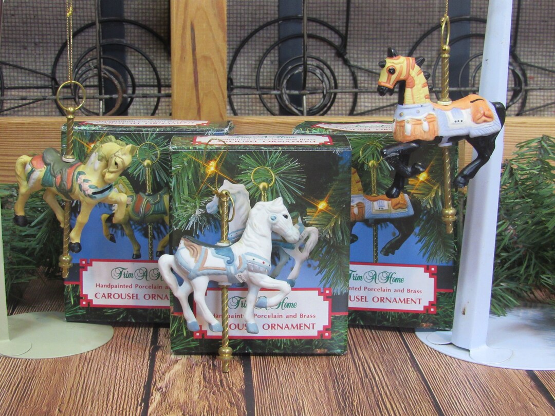 3 Hand Painted Porcelain & Brass Carousel Horse Ornaments Vintage Trim ...