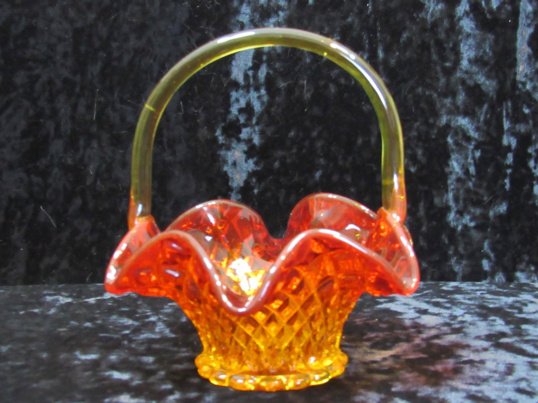 Upcycled Art Amberina Basket W Pulled Glass Handle Added Retro Orange ...