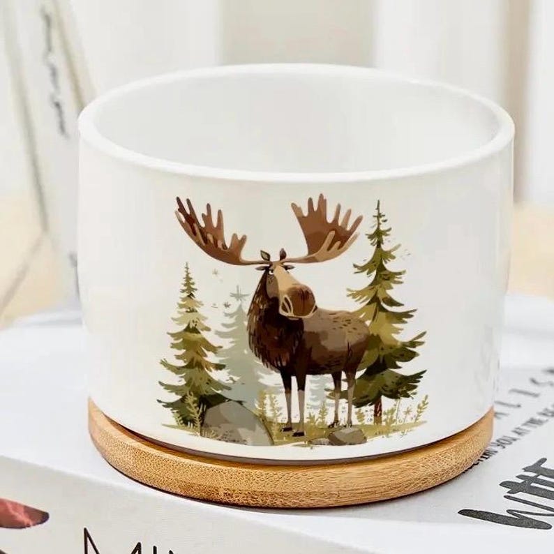 Ceramic Moose Flower Pot With Wood Stand: Rustic Cabin Decor - Etsy