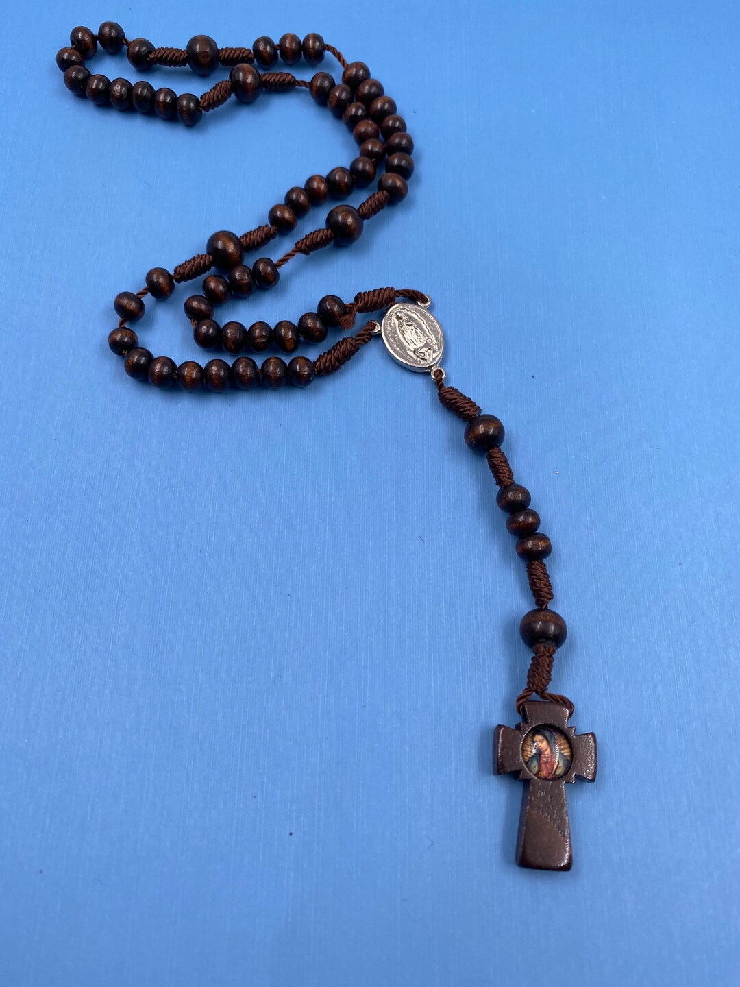 Virgin Mary Handheld Small Wooden Pocket Rosary 12” in Length / Rosario ...