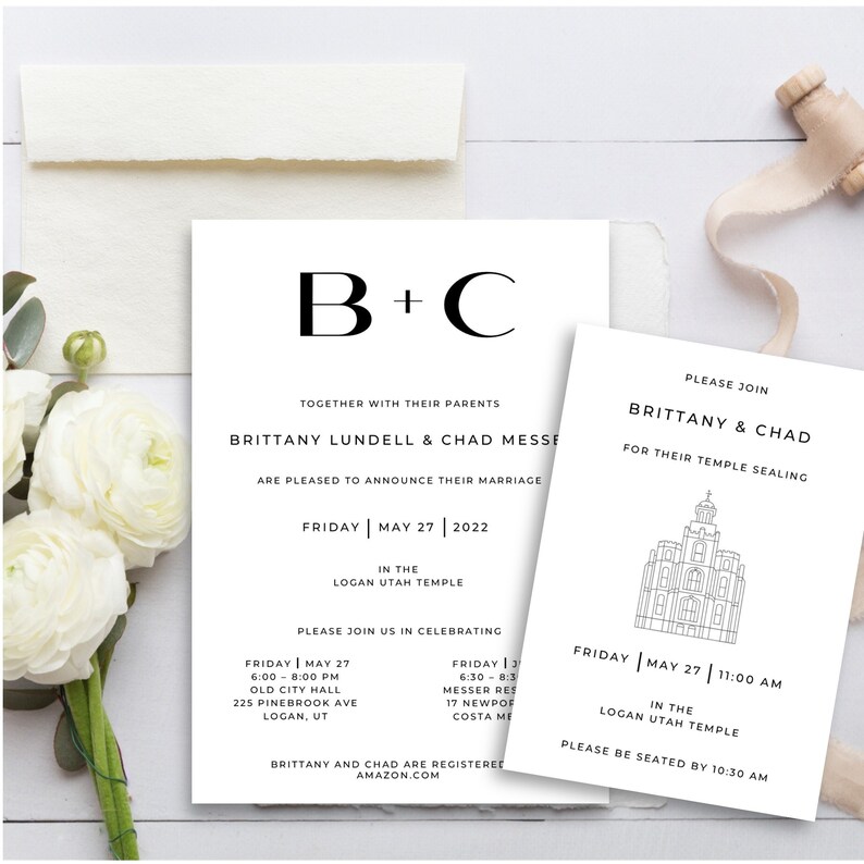 LDS Wedding Invitation Temple Sealing Insert Suite Simple Black White ...