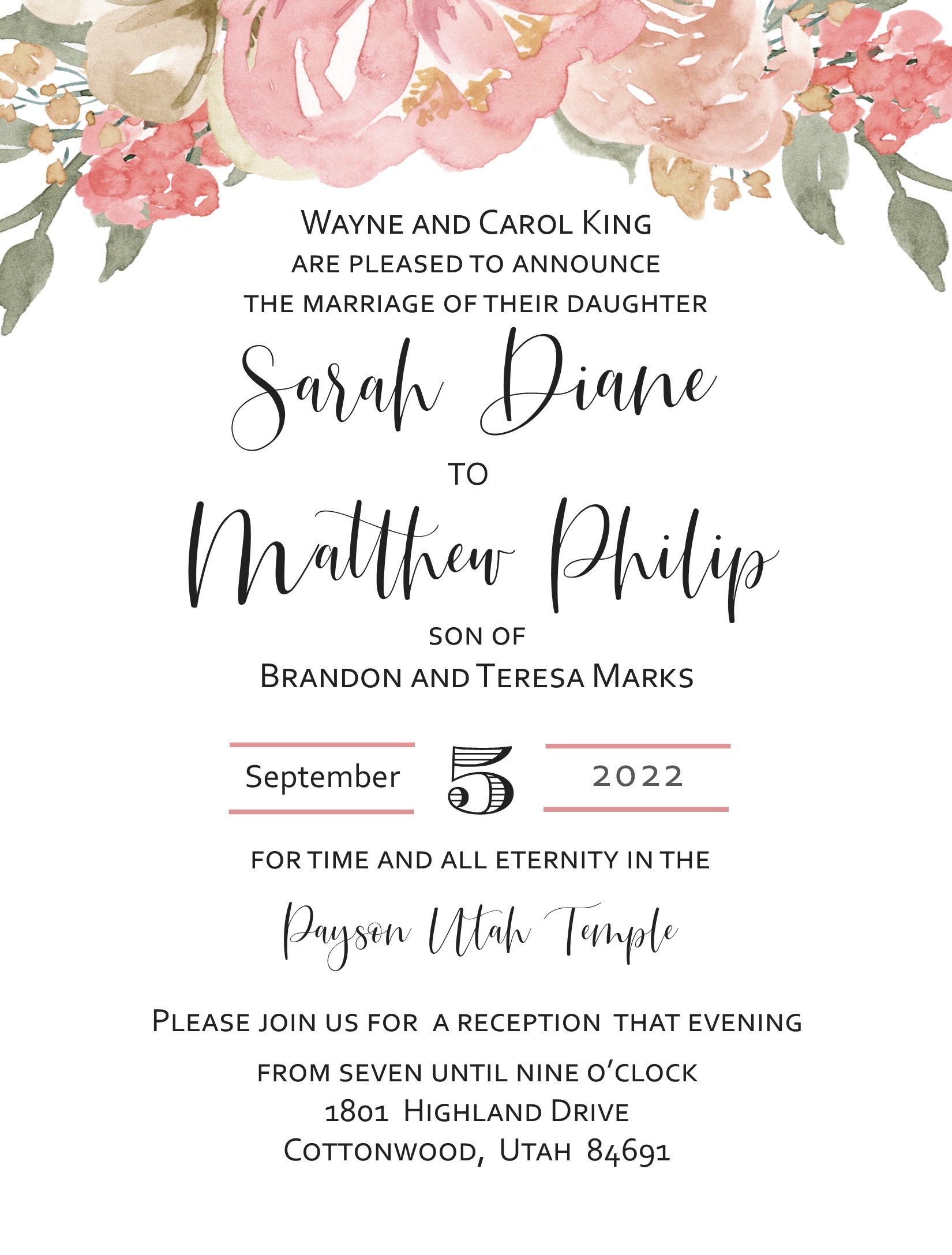 LDS Temple Wedding Invitation Blush Neutral Rose Floral Watercolor ...