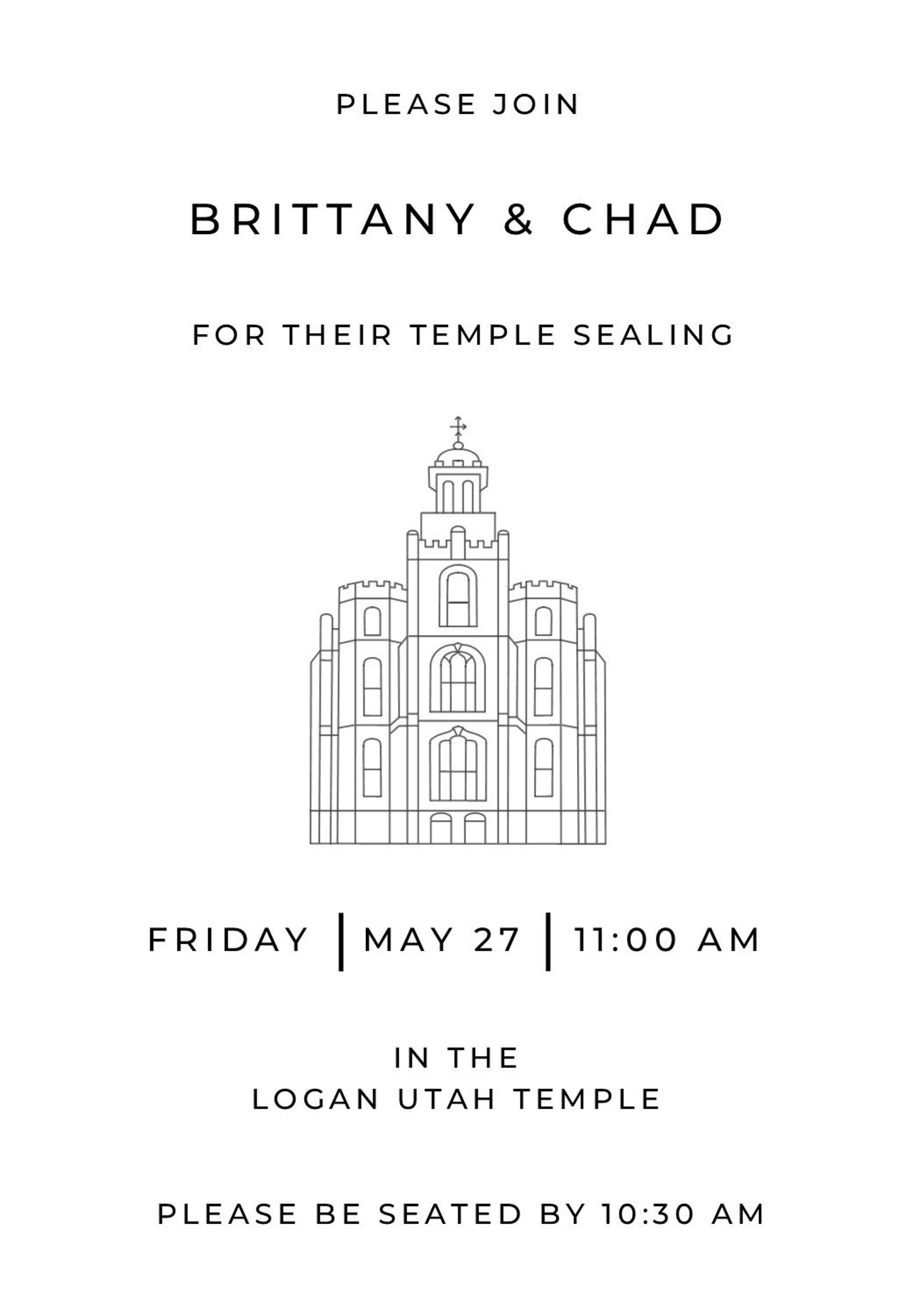 LDS Wedding Invitation Temple Sealing Insert Suite Simple Black White ...