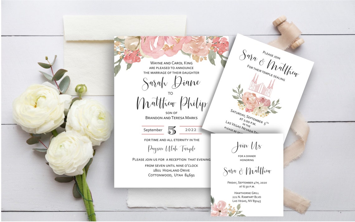 LDS Temple Wedding Invitation Blush Neutral Rose Floral Watercolor ...
