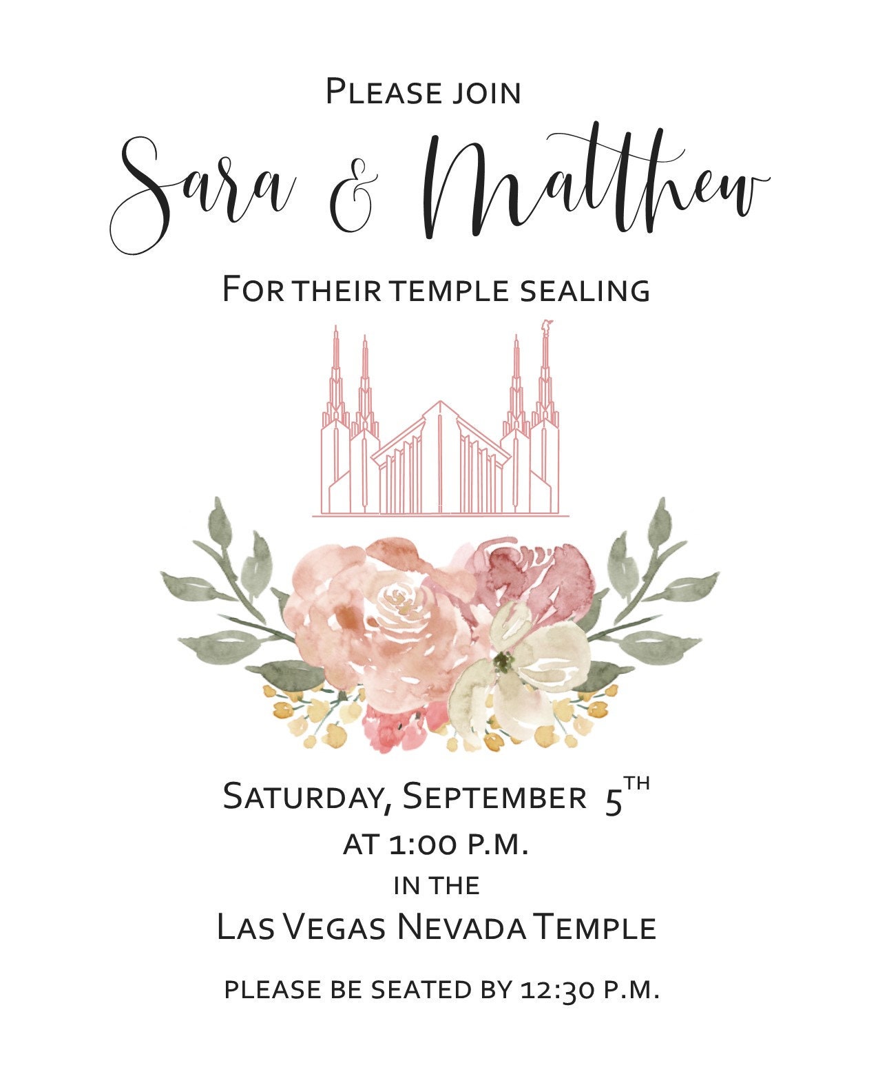 LDS Temple Wedding Invitation Blush Neutral Rose Floral Watercolor ...