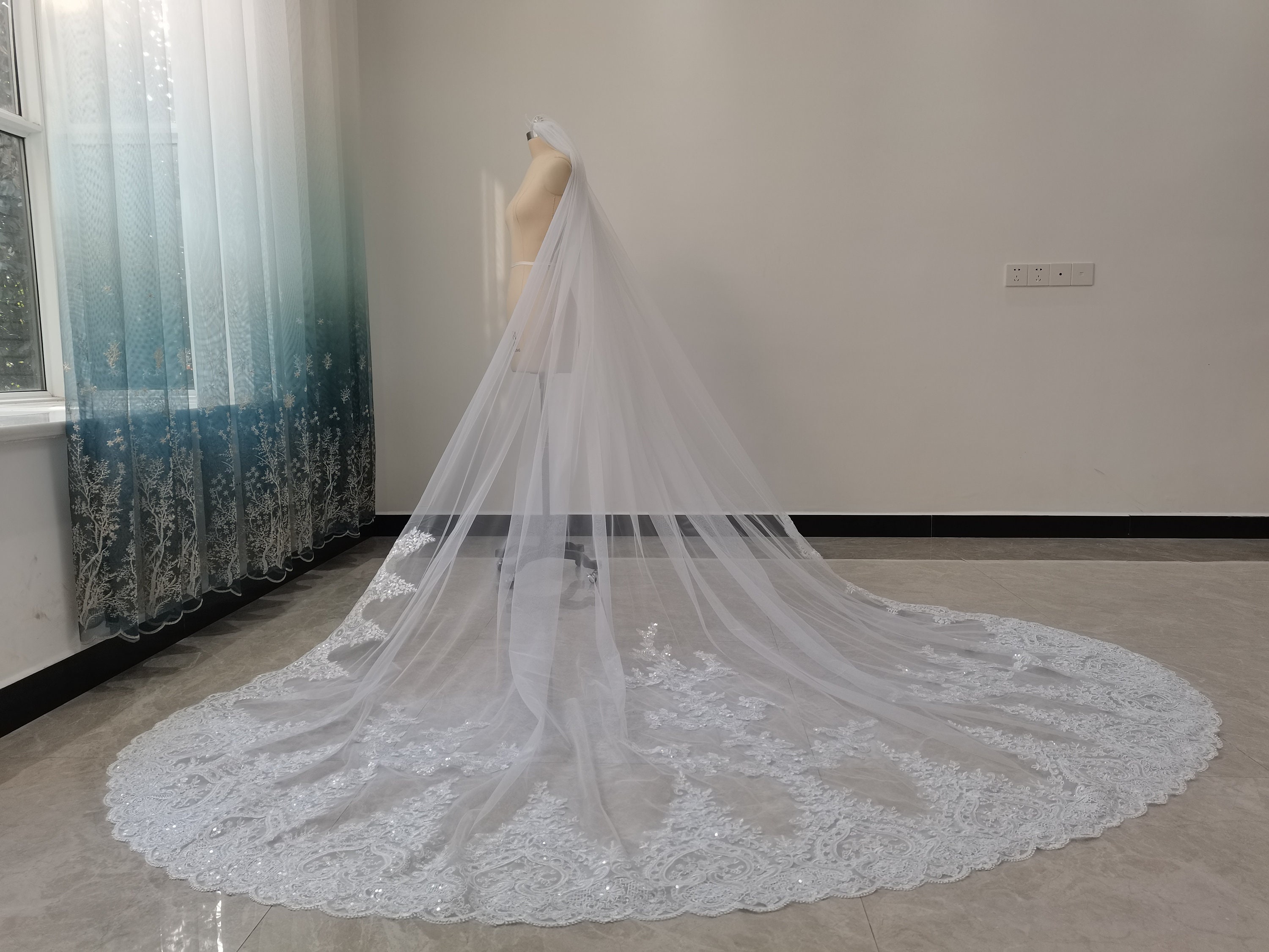 Sequined Lace Veil White Cathedral Wedding Veil Ivory Tulle - Etsy