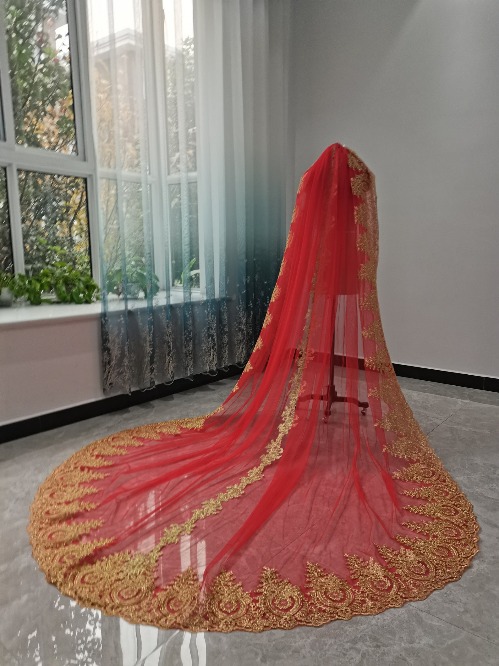 Red Veil ，cathedral Veil，bridal Veil ，gold Lace Edge，one Layer Veil ...