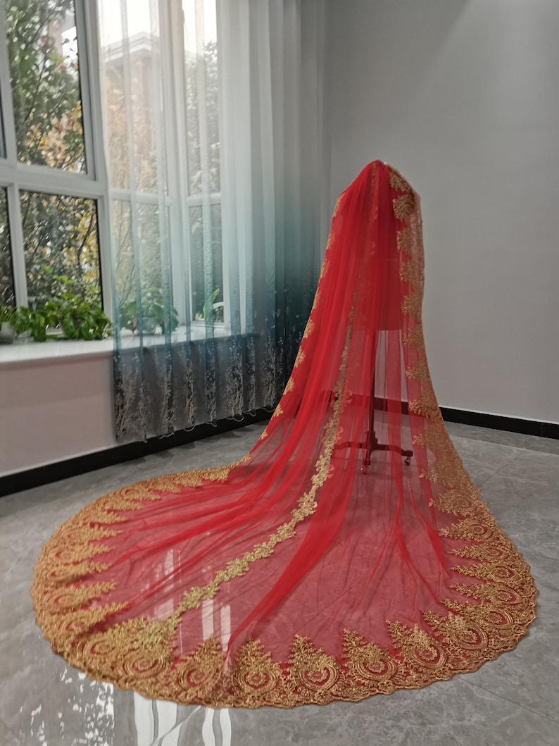 Red Veil cathedral Veilbridal Veil gold Lace Edgeone Layer - Etsy