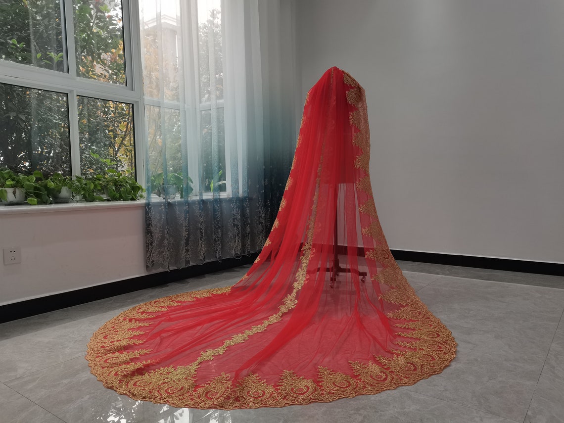 Red Veil cathedral Veilbridal Veil gold Lace Edgeone Layer - Etsy