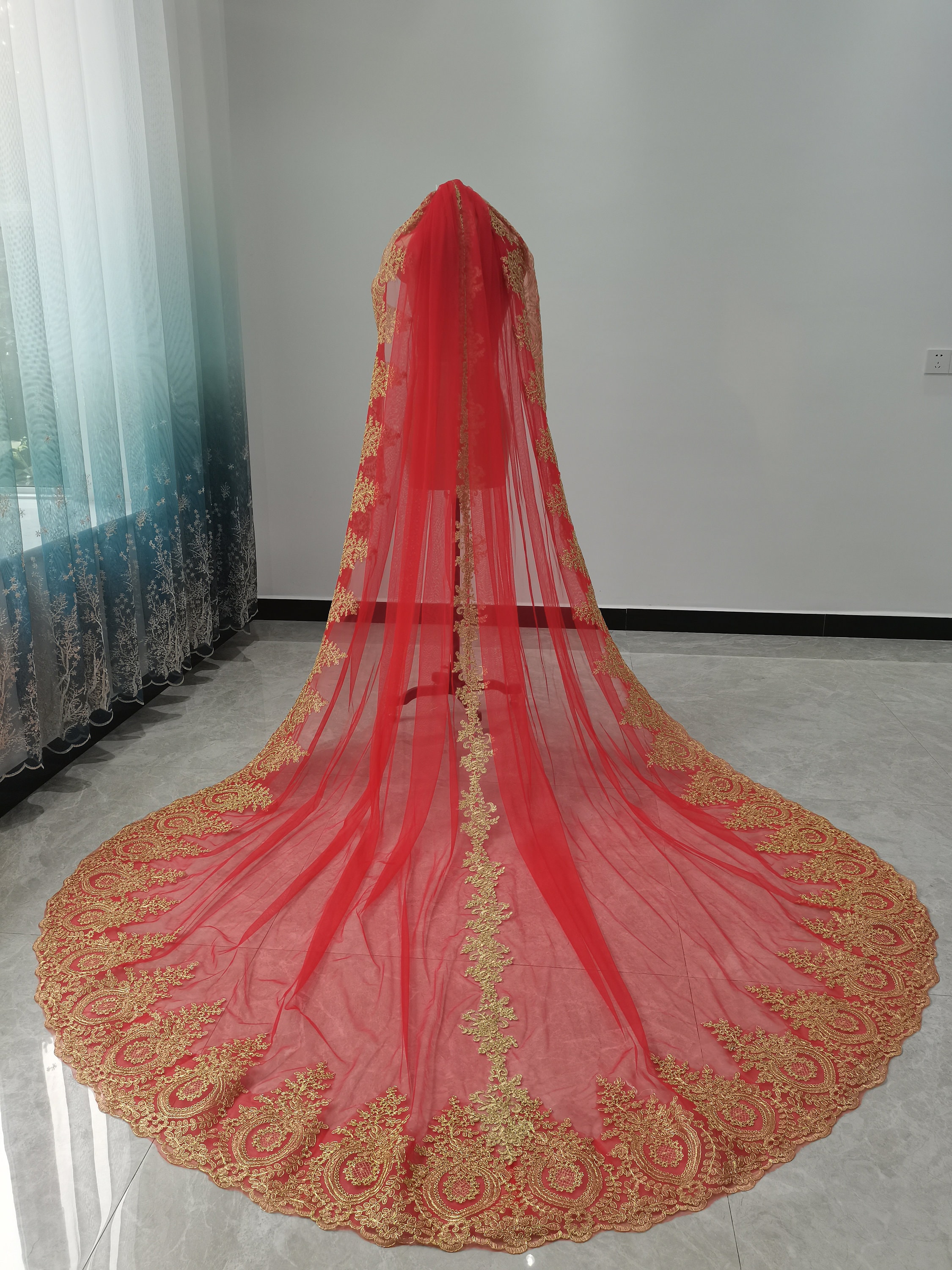 Red Veil cathedral Veilbridal Veil gold Lace Edgeone Layer - Etsy